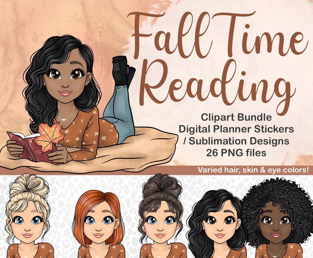 Fall Bookworm Girl Planner Clipart, Autumn Reading Woman PNG, Fall ...