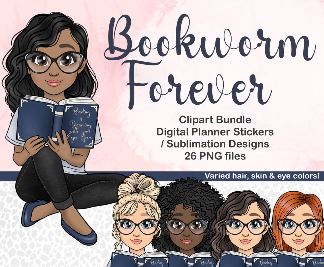 Bookworm Girl Clipart Book Addict PNG Reading Digital - Etsy