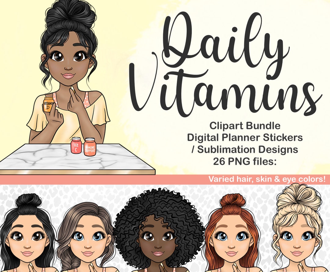 Daily Vitamin Reminder Digital Sticker, Healthy Vitamins Girl Clipart, Kawaii Fitness Supplement ...
