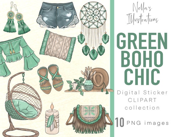 Boho Digital Sticker Pampas Clipart Green Boho Clipart - Etsy