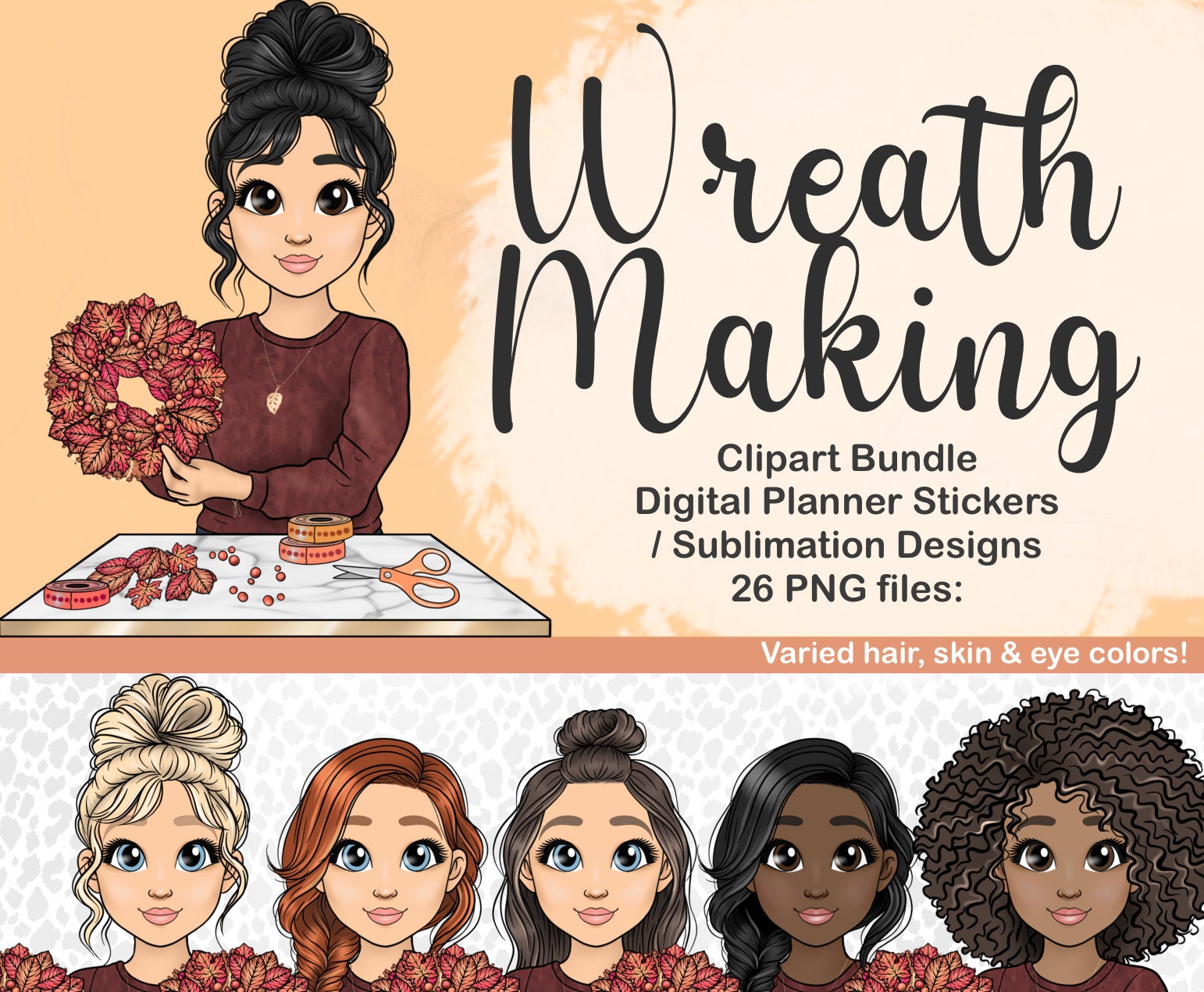 Crafty Lady Making Leaf Wreath Clipart Fall Digital Planner - Etsy