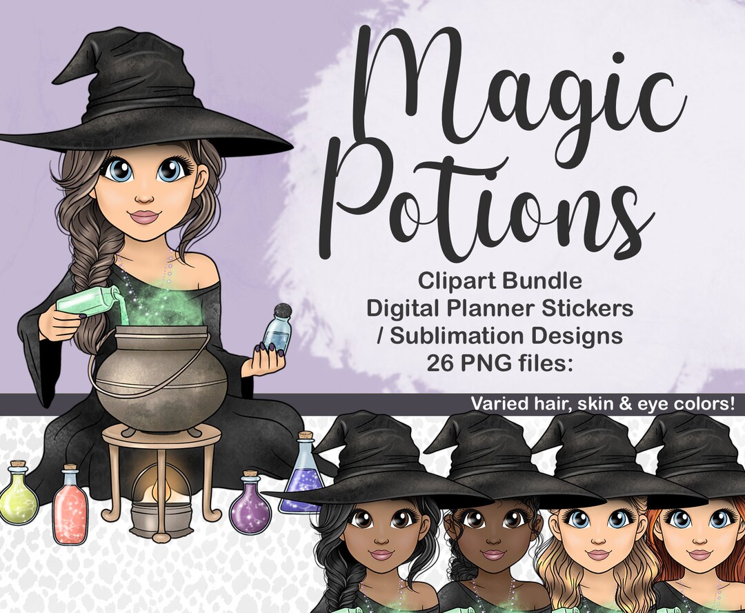 Witchy Girl Clipart, Halloween Clipart, Witch and Cauldron With Magic ...