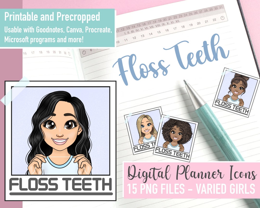 Floss Teeth Reminder Mini Digital Planner PNG Icons, Dentist Teeth ...