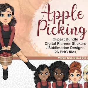 Fall Apple Picking Girl Clipart, Autumn Activity Woman PNG, Fall ...