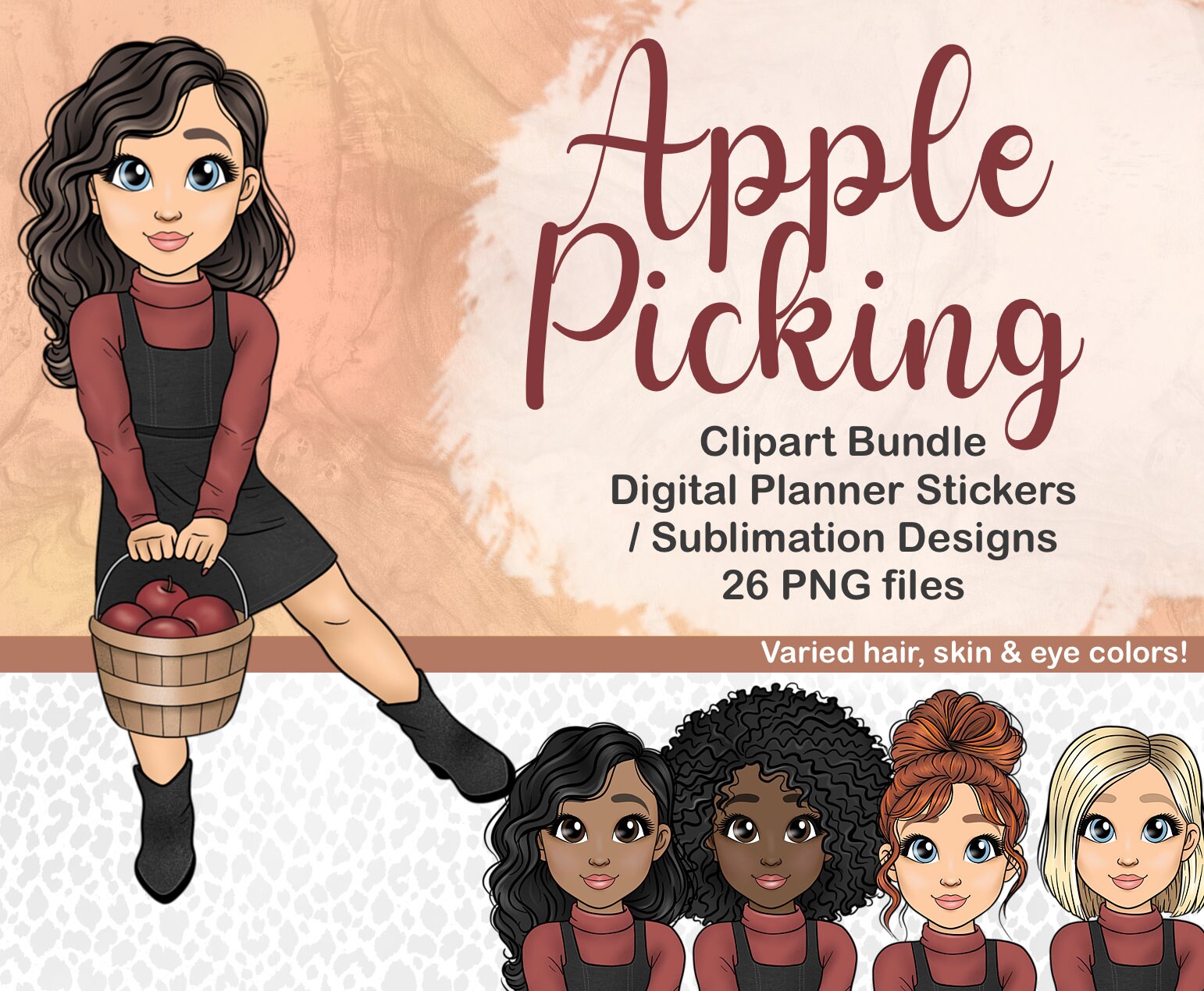 Fall Apple Picking Girl Clipart, Autumn Activity Woman PNG, Fall ...