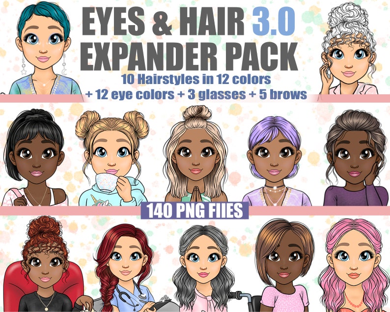 Custom Hairstyle Digital Planner Sticker Bundle, Cute Hair Clipart PNG ...