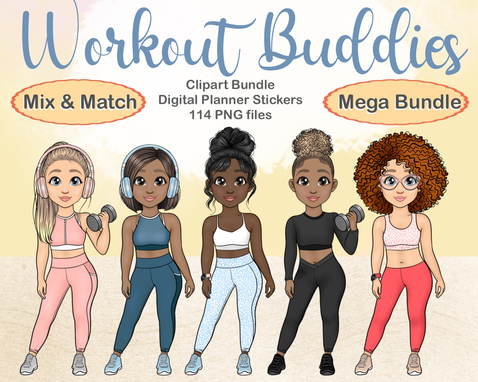 Workout Best Friends Clipart Chibi Procreate Fitness - Etsy