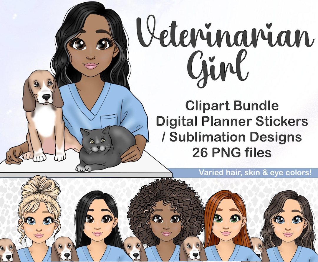Vet Clipart, Veterinarian Girl PNG, Cute Puppy and Kitten Illustration ...