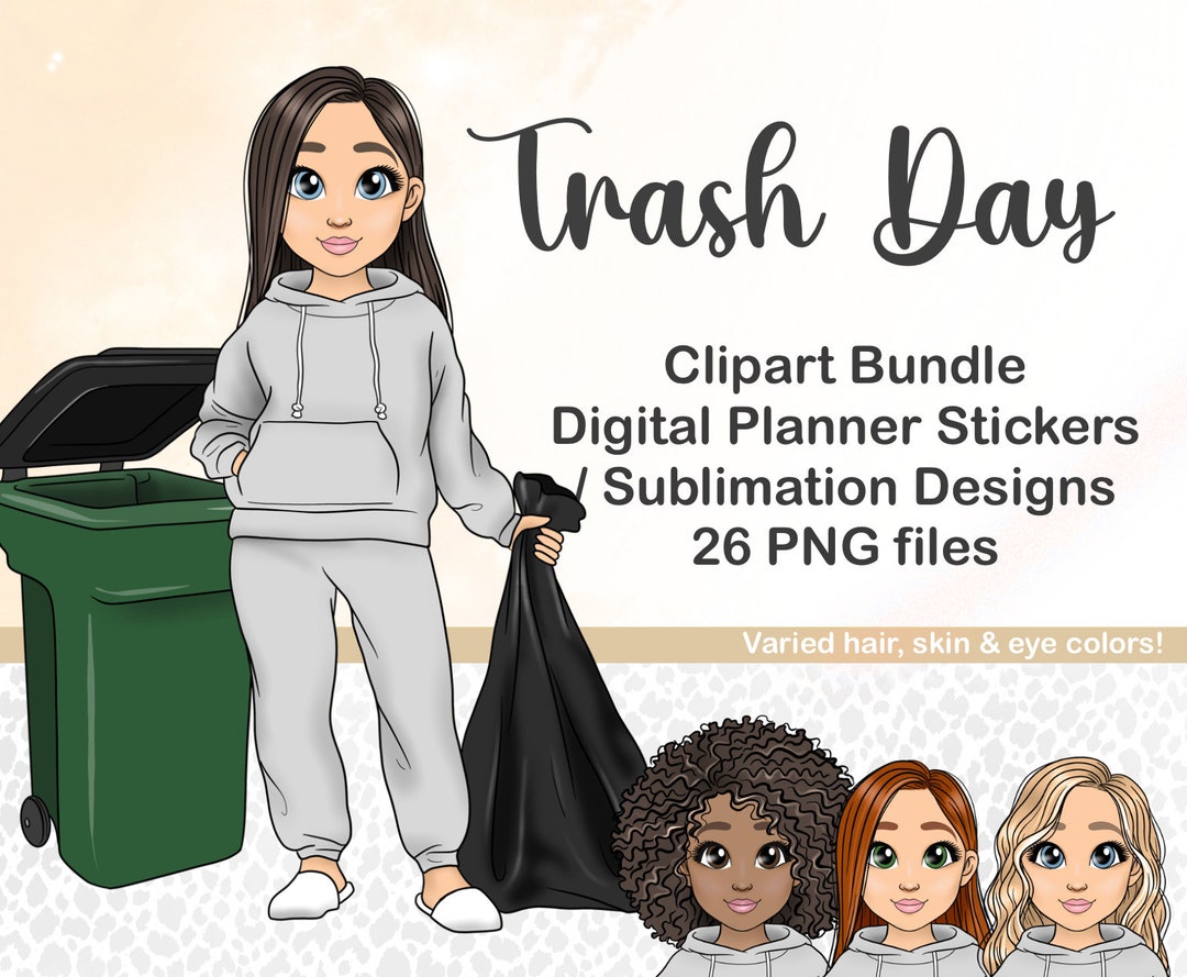 Trash Day Clipart, Taking Out Garbage PNG, Empty Bins Printable Sticker ...