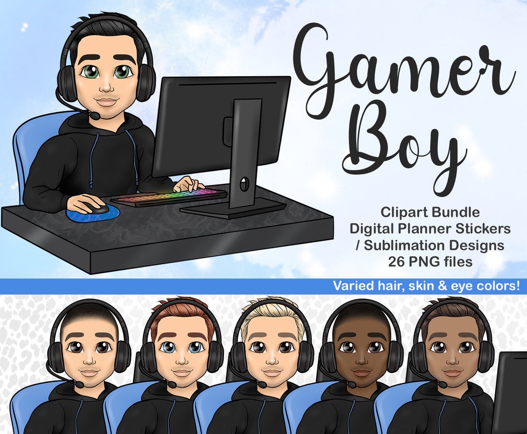Gamer Boy With Headset and Computer Clipart, Gaming Guy Avatar, Twitch ...