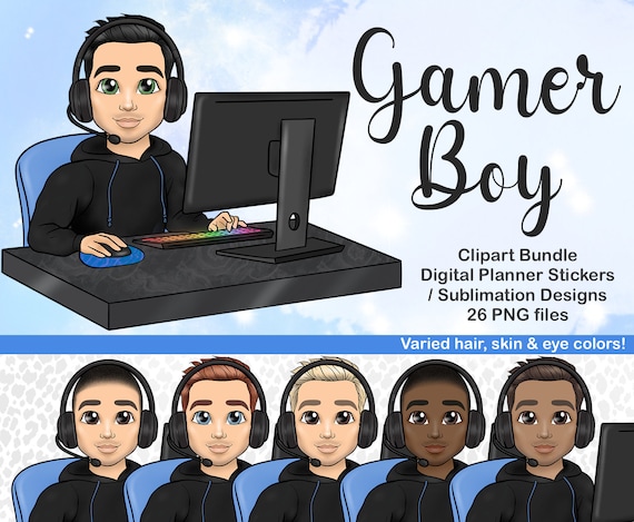 Gamer Boy With Headset and Computer Clipart Gaming Guy - Etsy UK