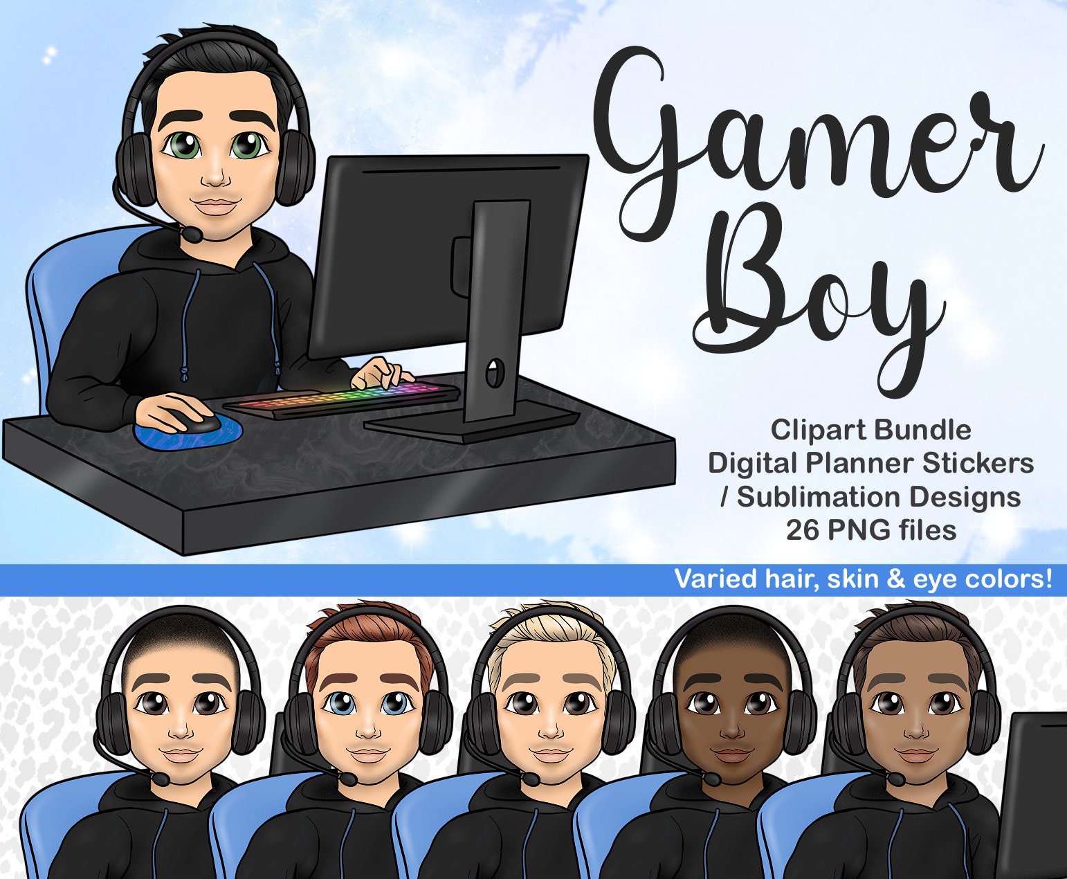 Gamer Boy With Headset and Computer Clipart, Gaming Guy Avatar, Twitch ...