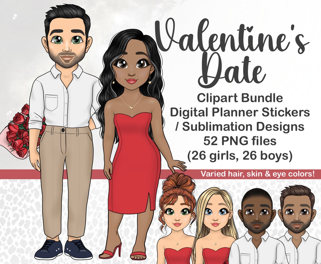 Cute Valentines Day Couple Clipart, Kawaii Romantic Date Boy and Girl ...