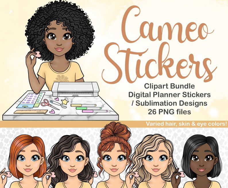 Cameo Printable Sticker Girl, Digital Sticker Woman PNG, Crafty Girl ...