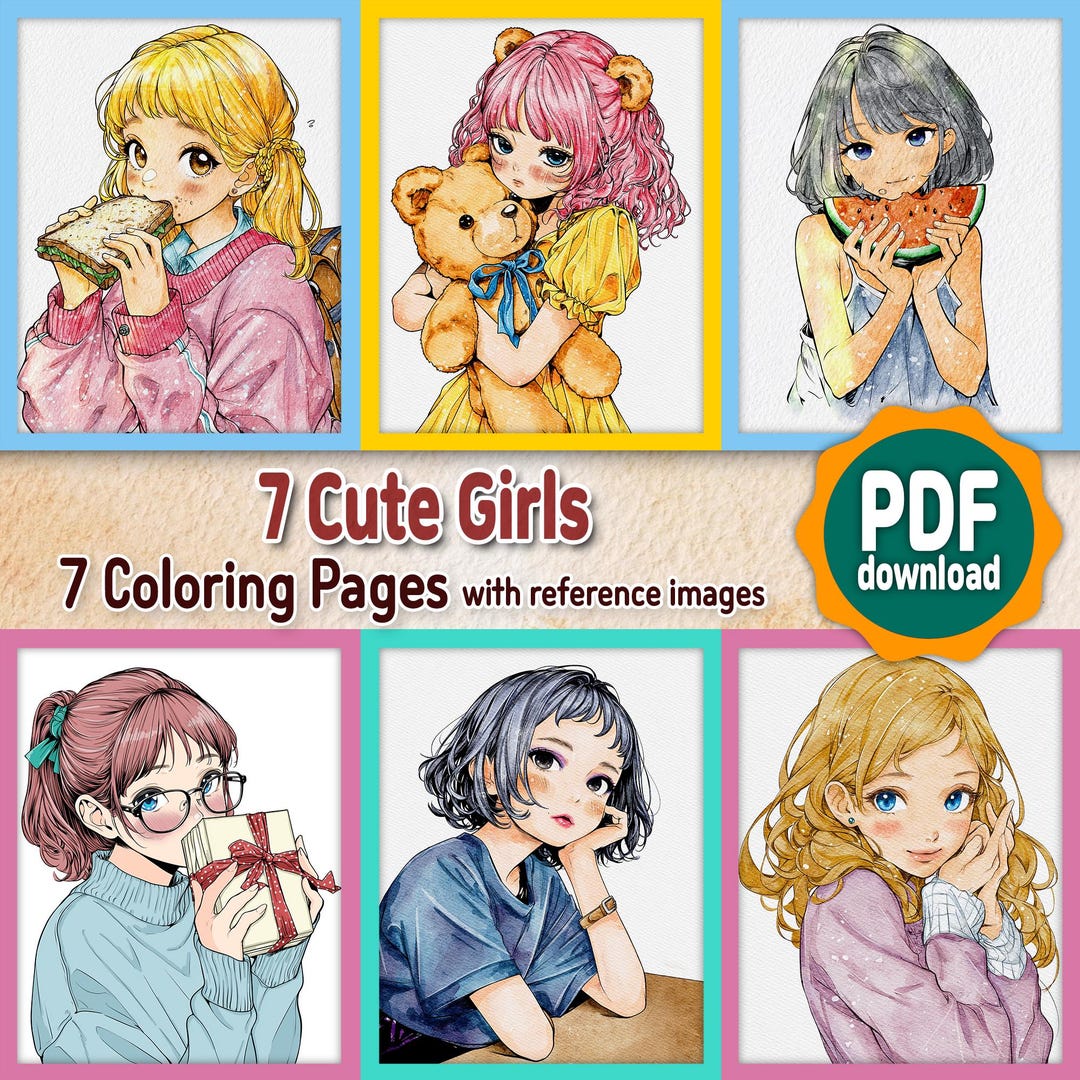 Cute Girls Coloring Pages With Colorful Sample | Printable Instant ...