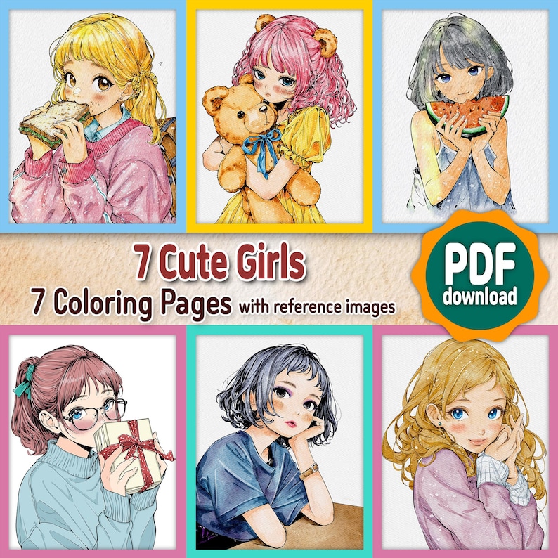 Cute Girls Coloring Pages With Colorful Sample | Printable Instant ...