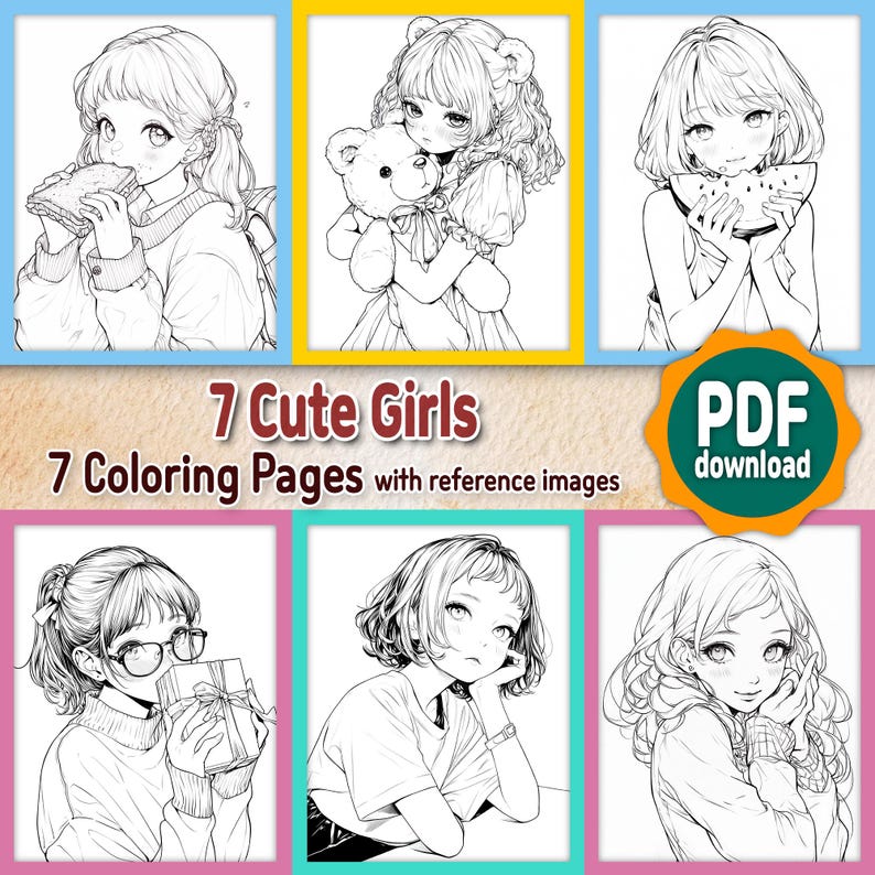 Cute Girls Coloring Pages With Colorful Sample | Printable Instant ...