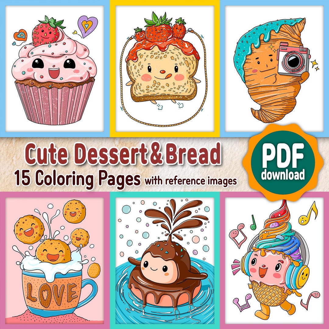 15 Cute Dessert and Bread Coloring Pages : Printable Coloring - Etsy