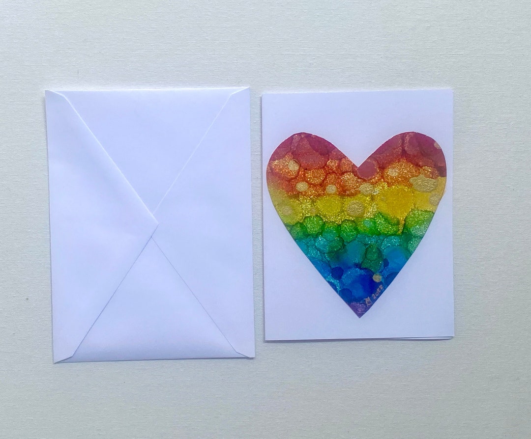 Glittery Rainbow Heart Card- Hand Painted Sparkly Metallic Alcohol Inks ...