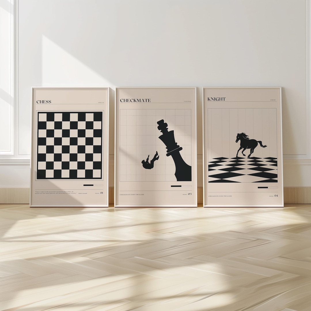Mid Century Modern Chess Print Set of 3, Minimalistic Printable Wall ...