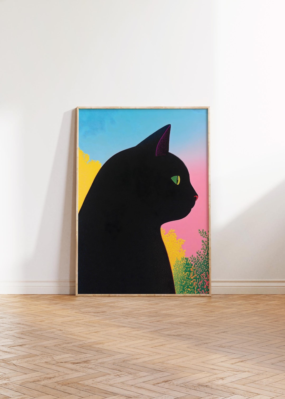Retro Black Catprint, Black Cat Wall Art, Quirky Apartment Wall Art ...