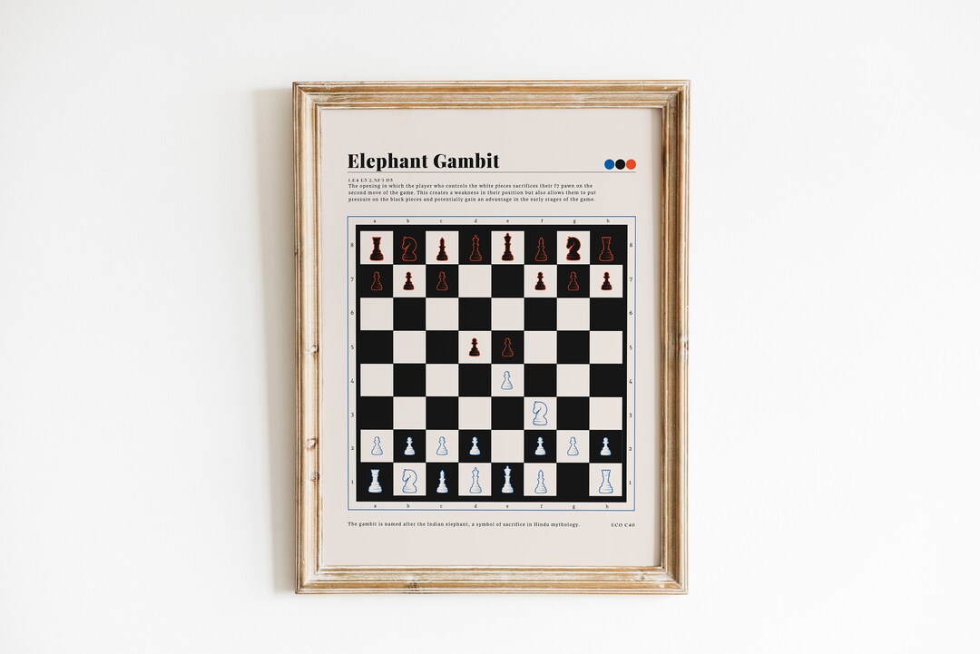 Mid Century Modern Elephant Gambit Chess Art Print, Chess Digital ...