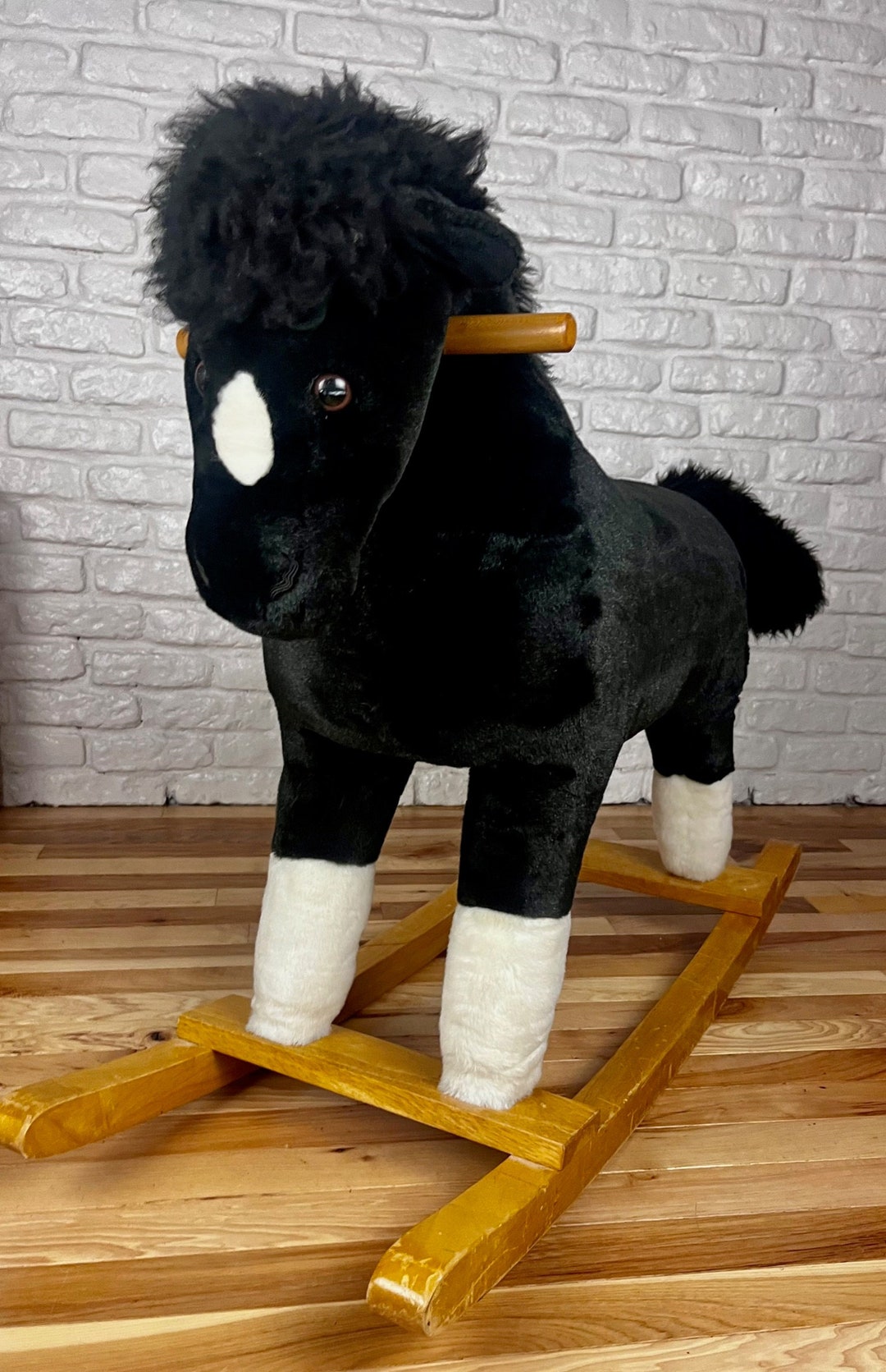 Vintage Large Plush Rocking Horse Black & White Diamond With Horse ...