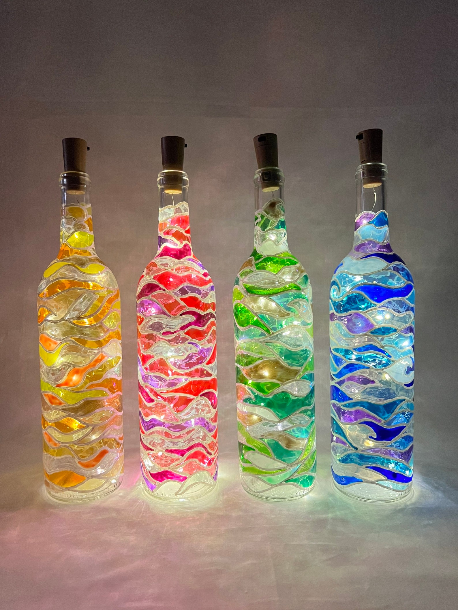 4 Handpainted Stained Glass Decorative Wine Bottle Lamps. - Etsy