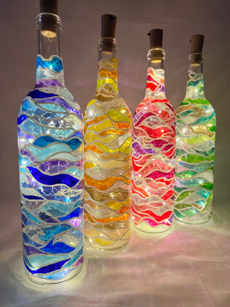 4 Handpainted Stained Glass Decorative Wine Bottle Lamps. Yellow ...