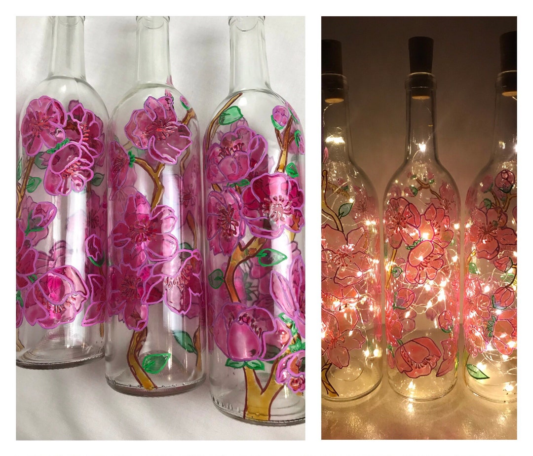 3 Handpainted Pink Cherry Blossoms Stained Glass Decorative Wine Bottle ...