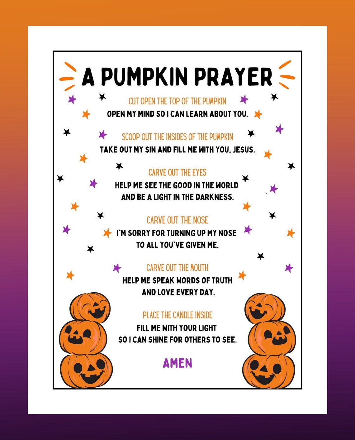 Pumpkin Prayer Printable Activity Sheet Pumpkin Carving Halloween ...
