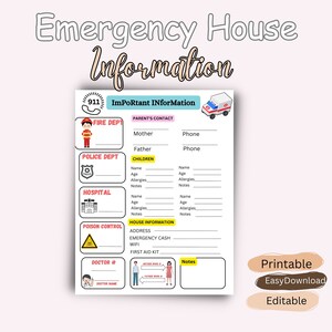 Emergency Information Sheet | Emergency Contact Information | Emergency ...