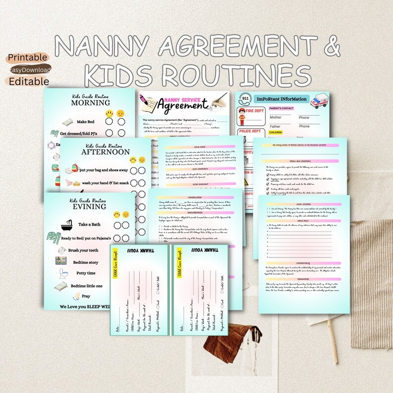 Nanny Agreement & Kids Routine, Receipt , Emergency Information ...