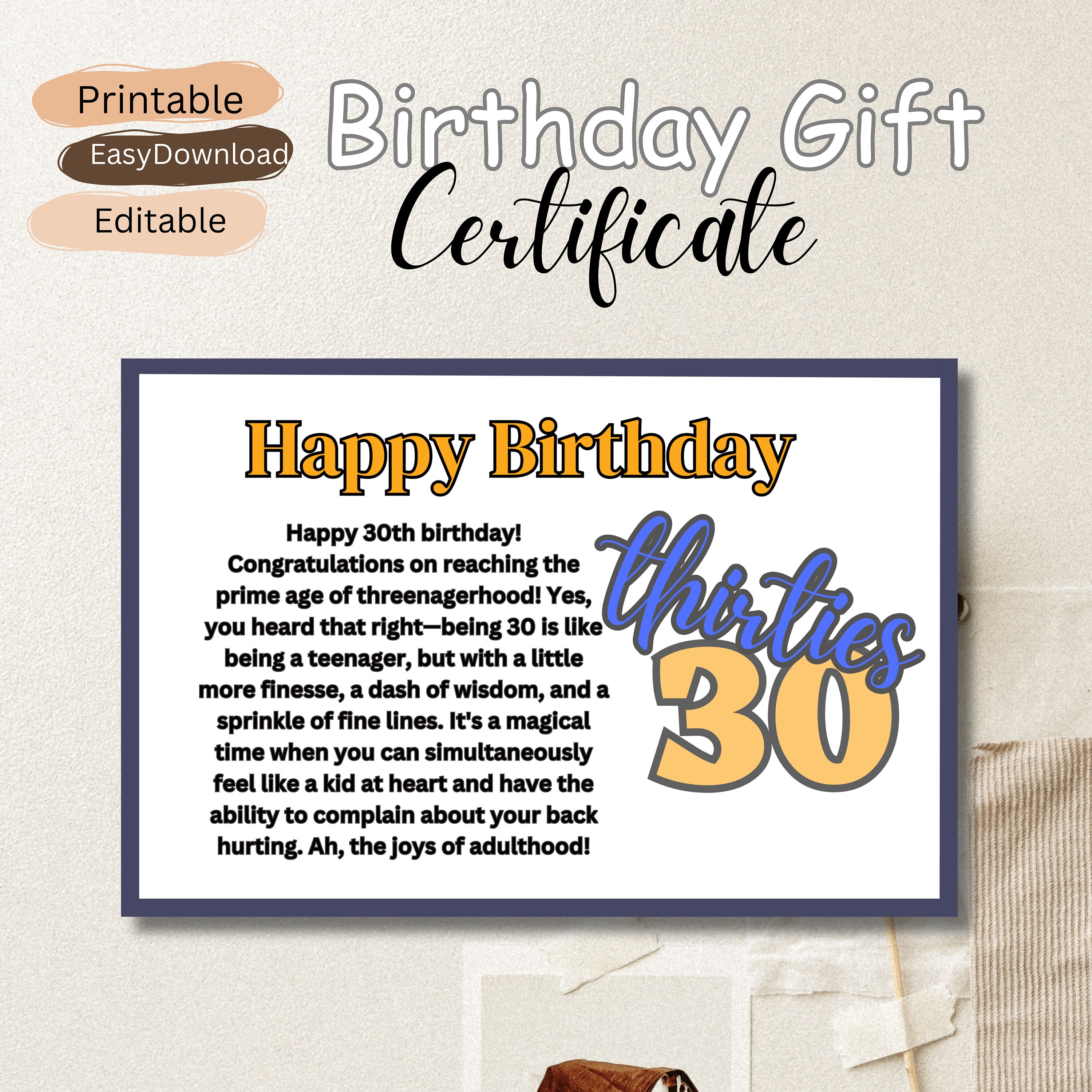 Editable 30th Birthday Gift Certificate Template L Printable Gift Card ...