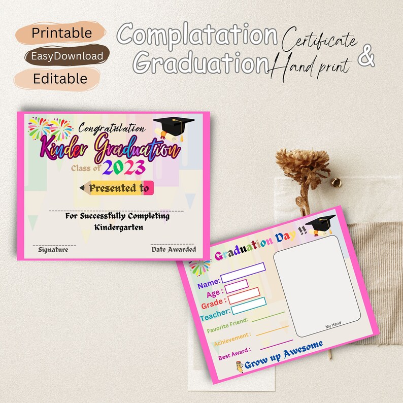Editable Graduation Completion Certificate L Hand Print Craft L ...