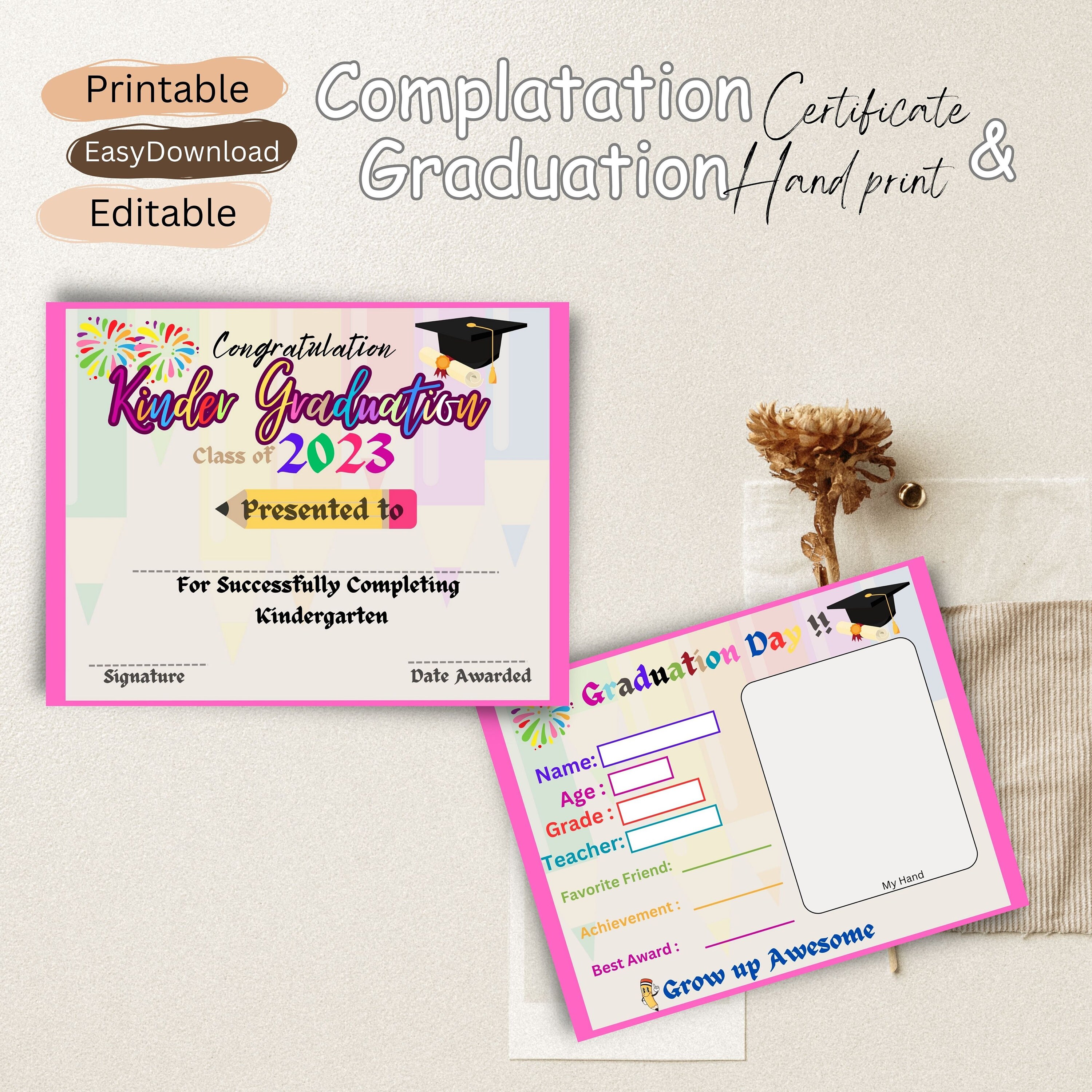 Editable Graduation Completion Certificate L Hand Print Craft L ...