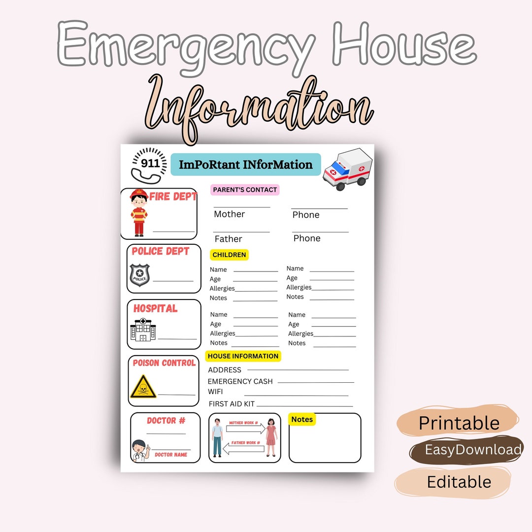 Emergency Information Sheet | Emergency Contact Information | Emergency ...
