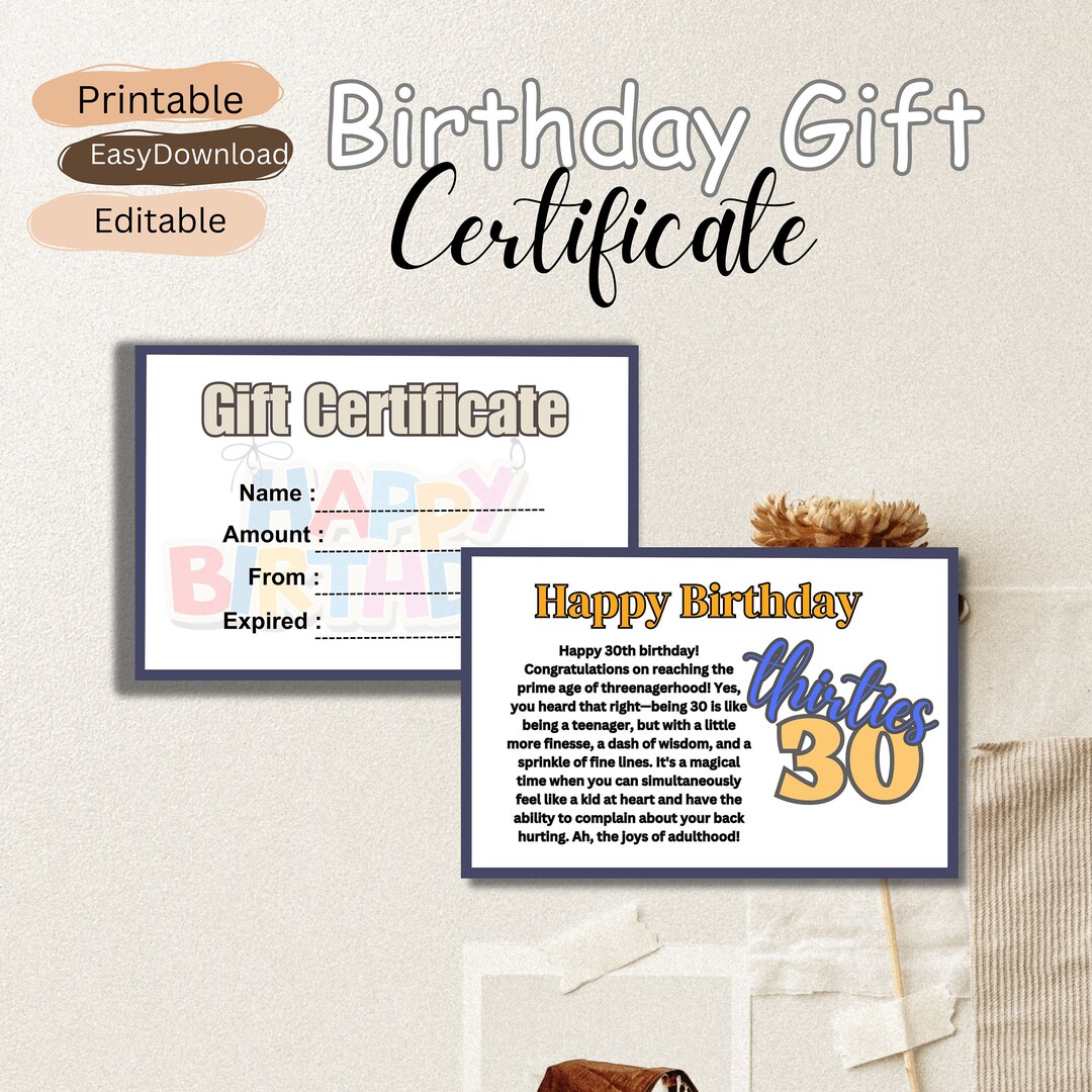 Editable 30th Birthday Gift Certificate Template L Printable Gift Card ...