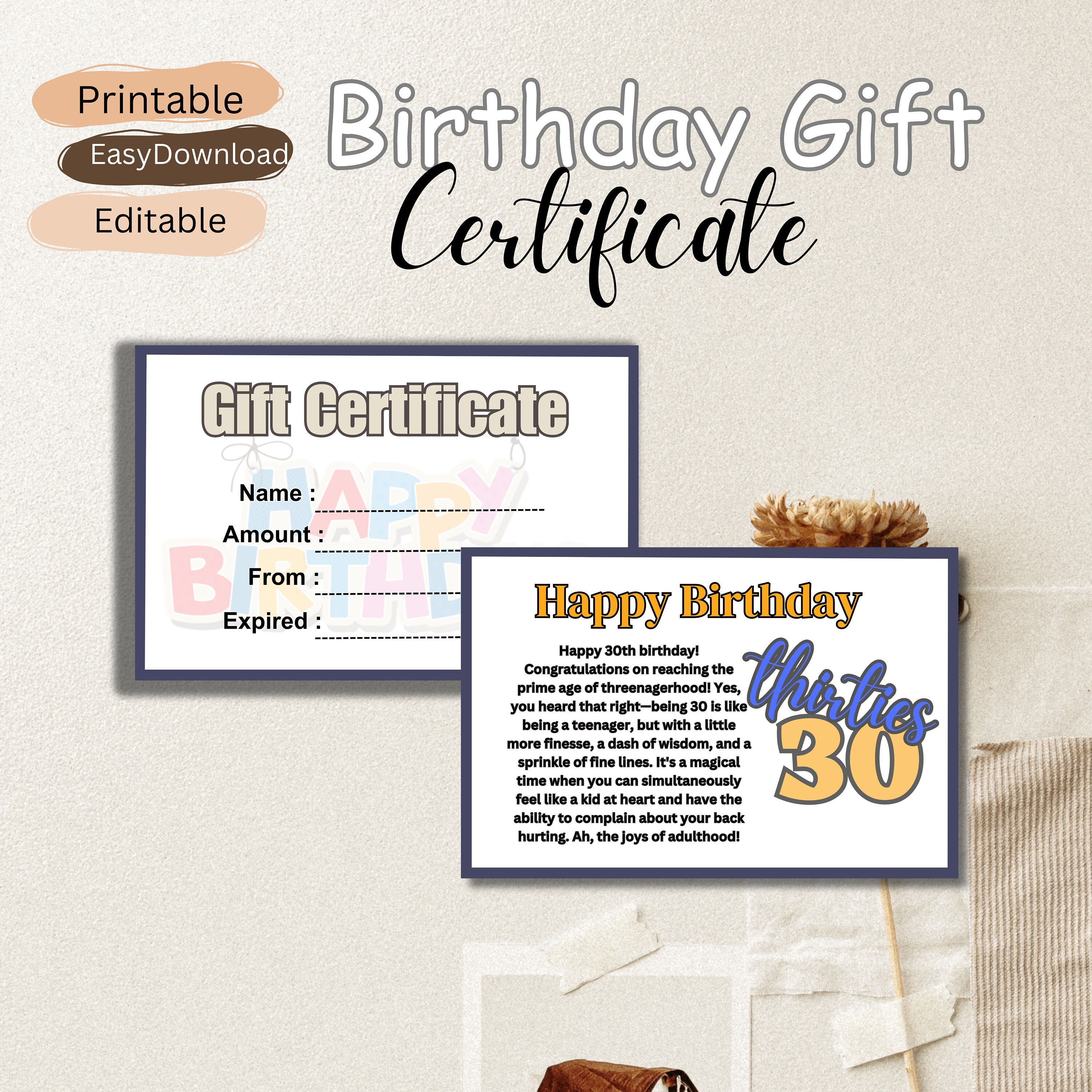 Editable 30th Birthday Gift Certificate Template L Printable Gift Card ...