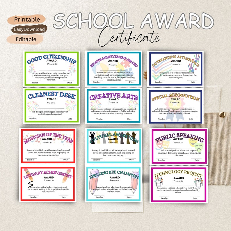 20 Award Editable Kids Year School Award Certificate. Editable and ...