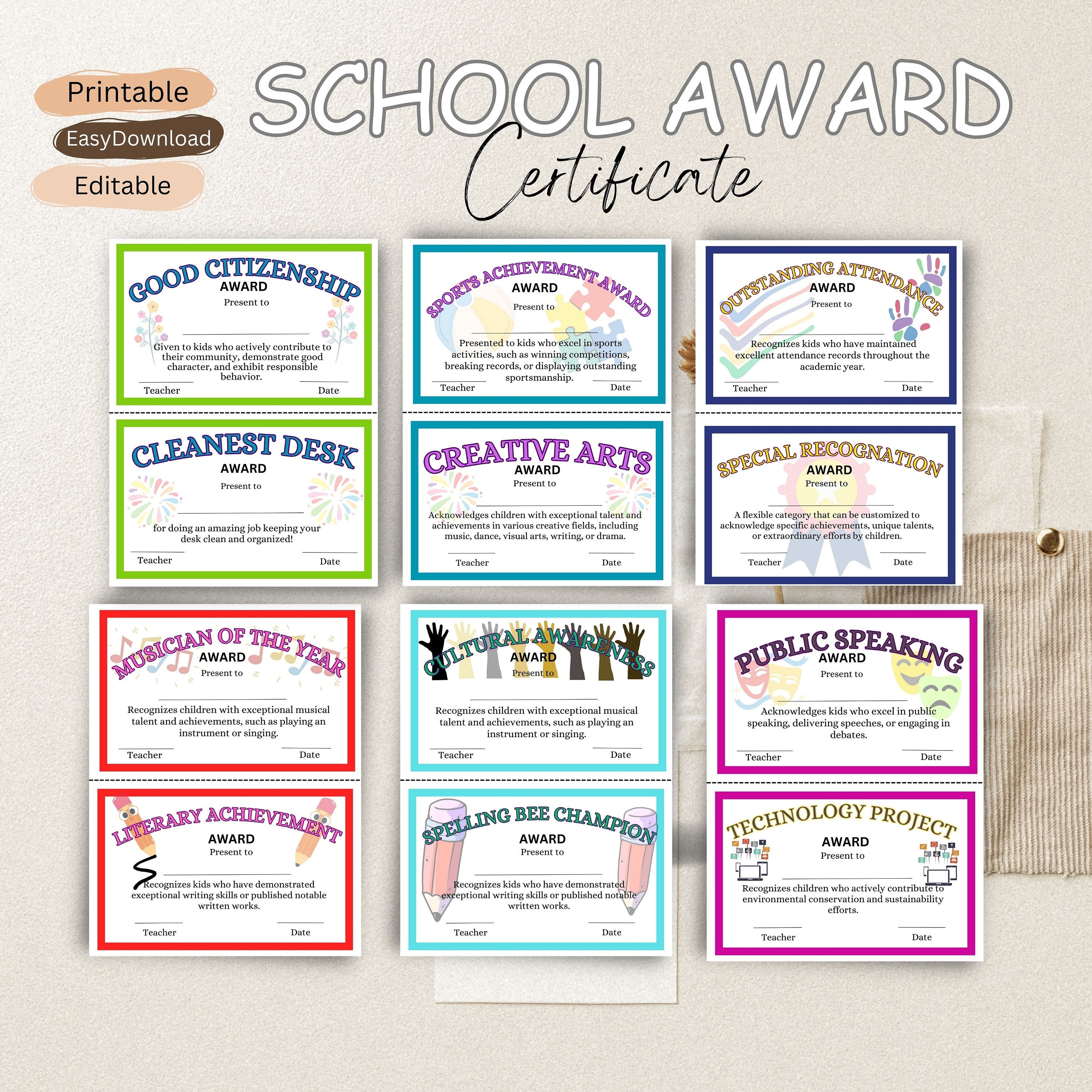 20 Award Editable Kids Year School Award Certificate. Editable and ...