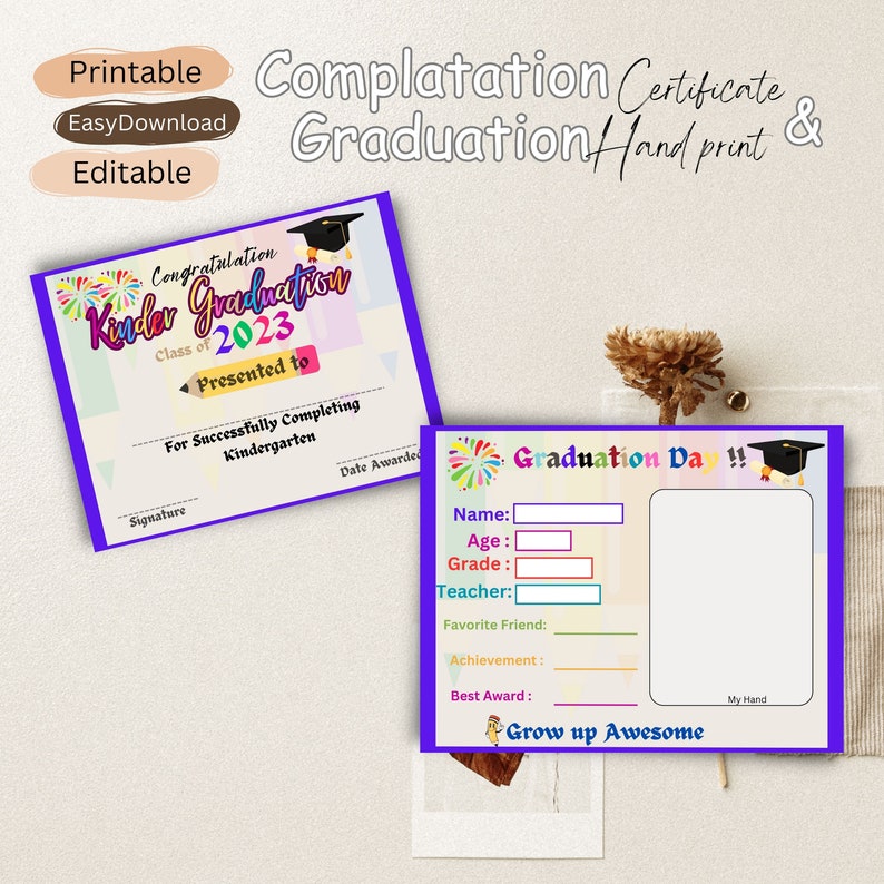 Editable Graduation Completion Certificate L Hand Print Craft L ...