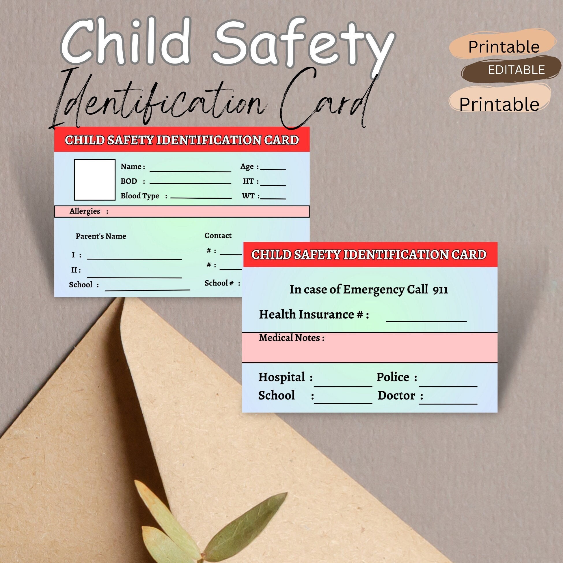 Editable Child Safety Identification Card L Important Contact for ...