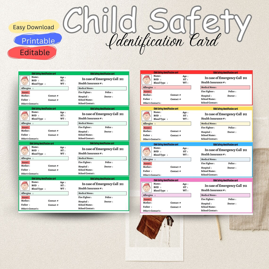 Editable Child Safety Identification Card L Important Contact for ...
