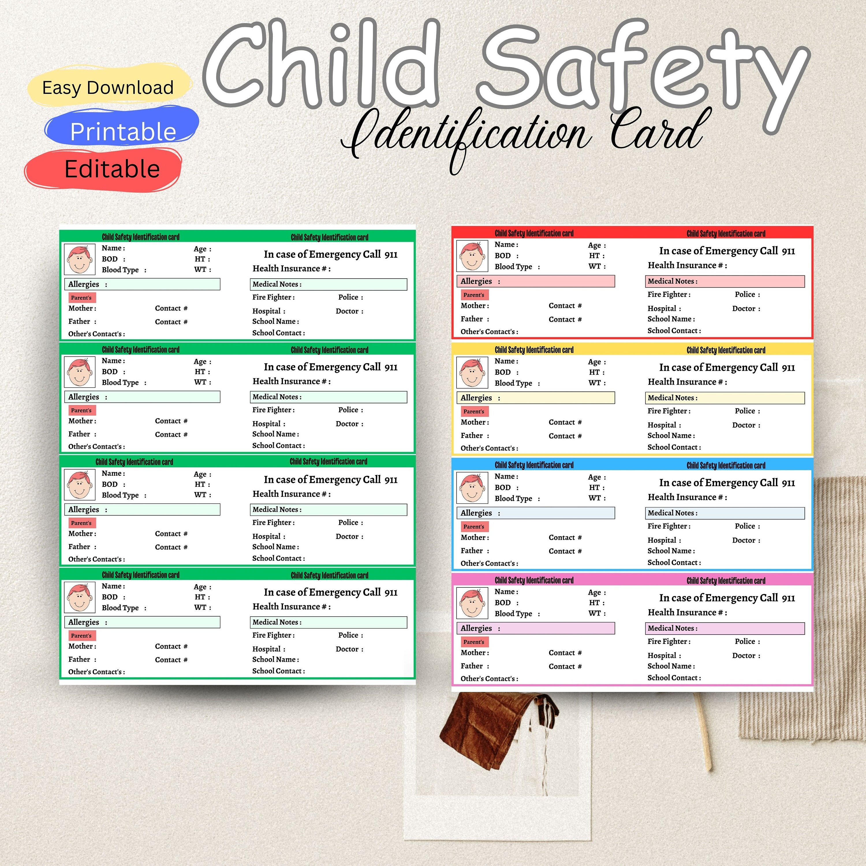 Editable Child Safety Identification Card L Important Contact for ...