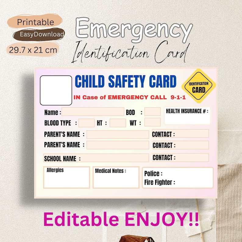 Editable Child Safety Identification Card L Important Contact for ...