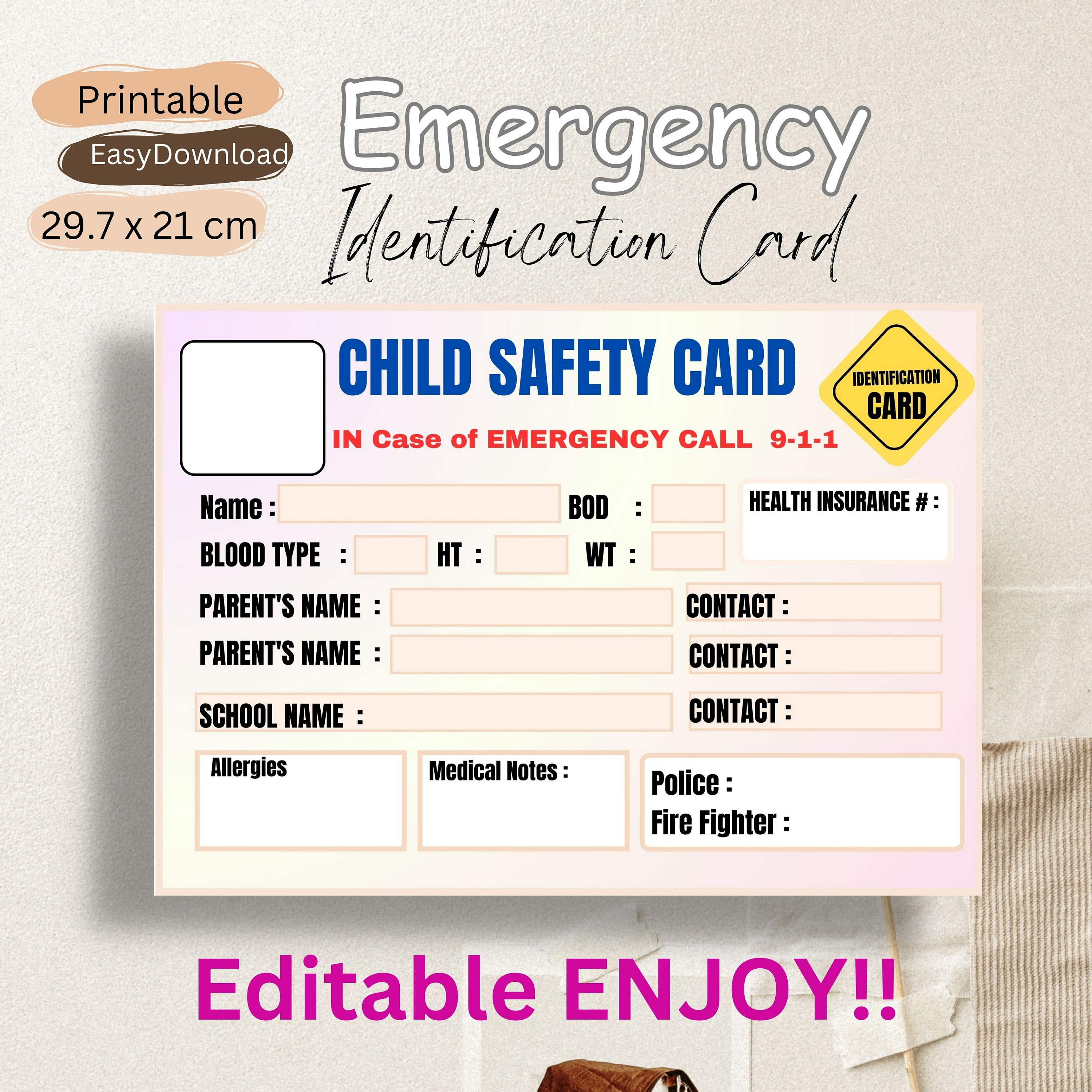 Editable Child Safety Identification Card L Important Contact for ...