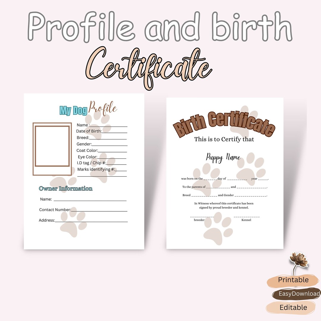 Dog Birth Certificate and Dog Profile Editable and Printable Canva ...