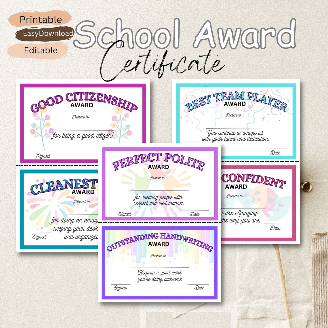 10 Award Editable Kids Year School Certificate. Editable and Printable ...