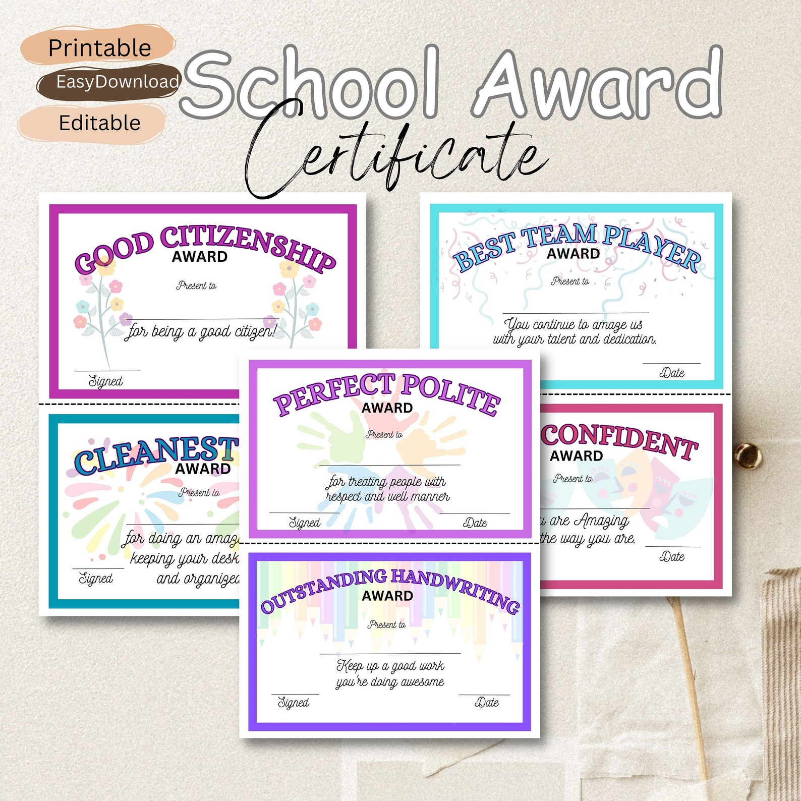 10 Award Editable Kids Year School Certificate. Editable and Printable ...